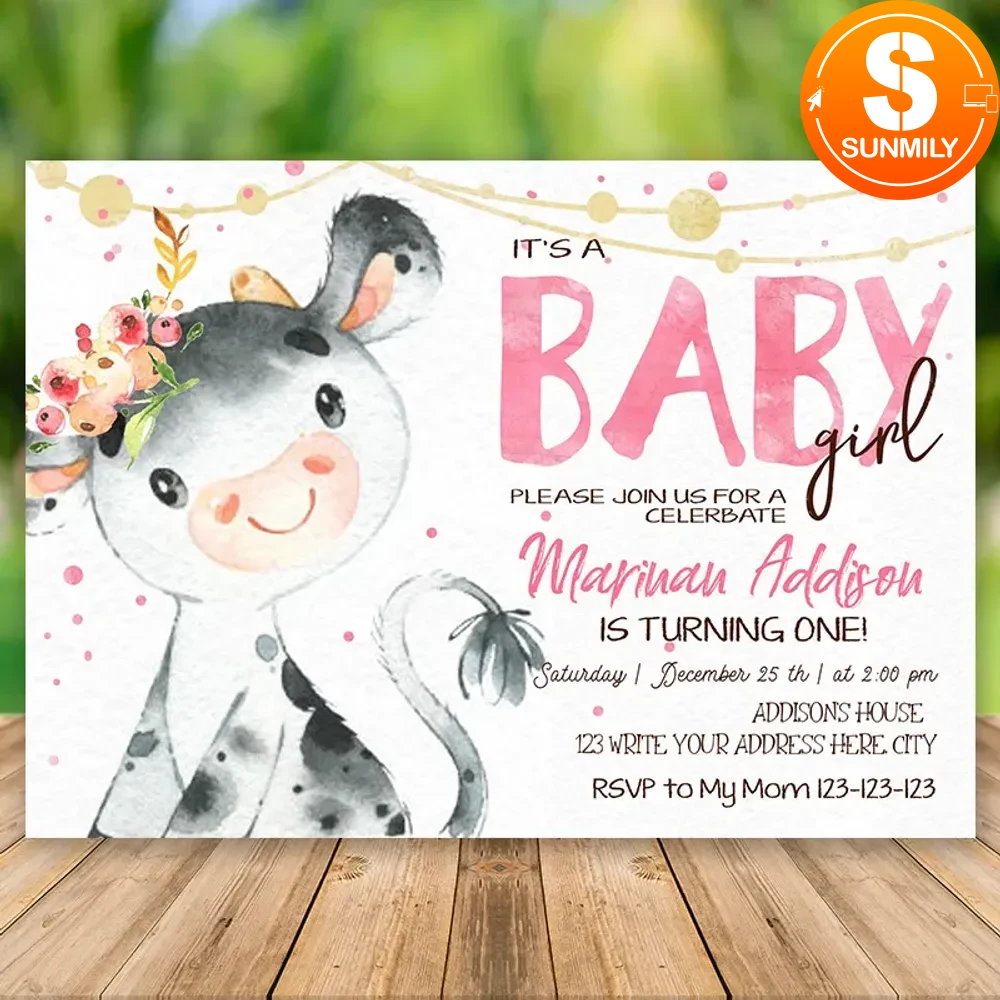 Editable Cow Baby Birthday Invitation For Girl Instant Download | Sunmily