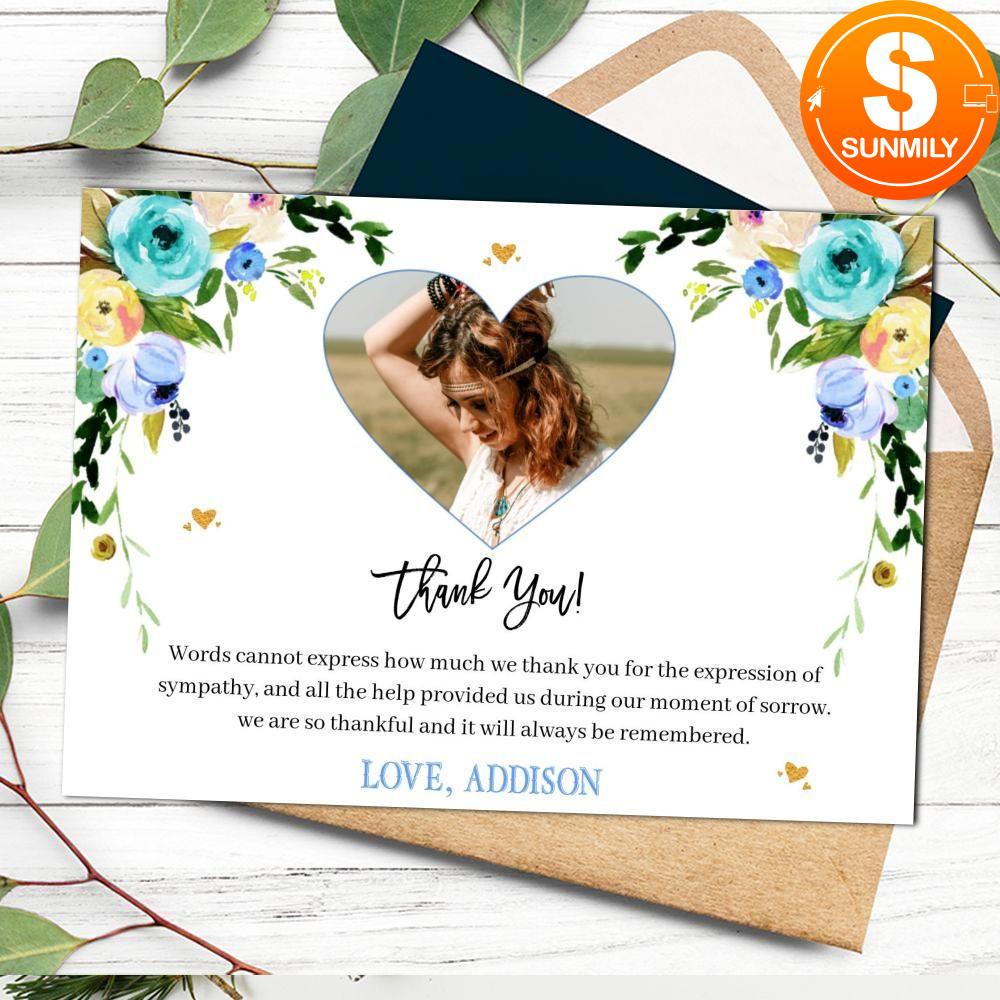 Roses Floral Memorial Service Thank you Card Template with Photo | Sunmily