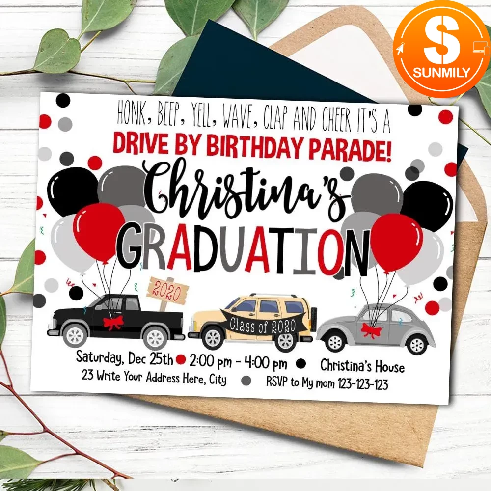 Editable Drive By Virtual Graduation Parade Invitation Template | Sunmily