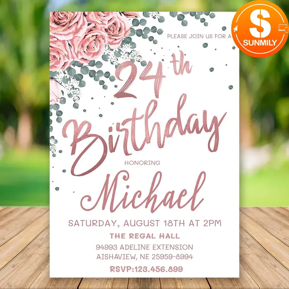 Editable Rose Gold 24th Birthday Invitation Instant Download | Sunmily