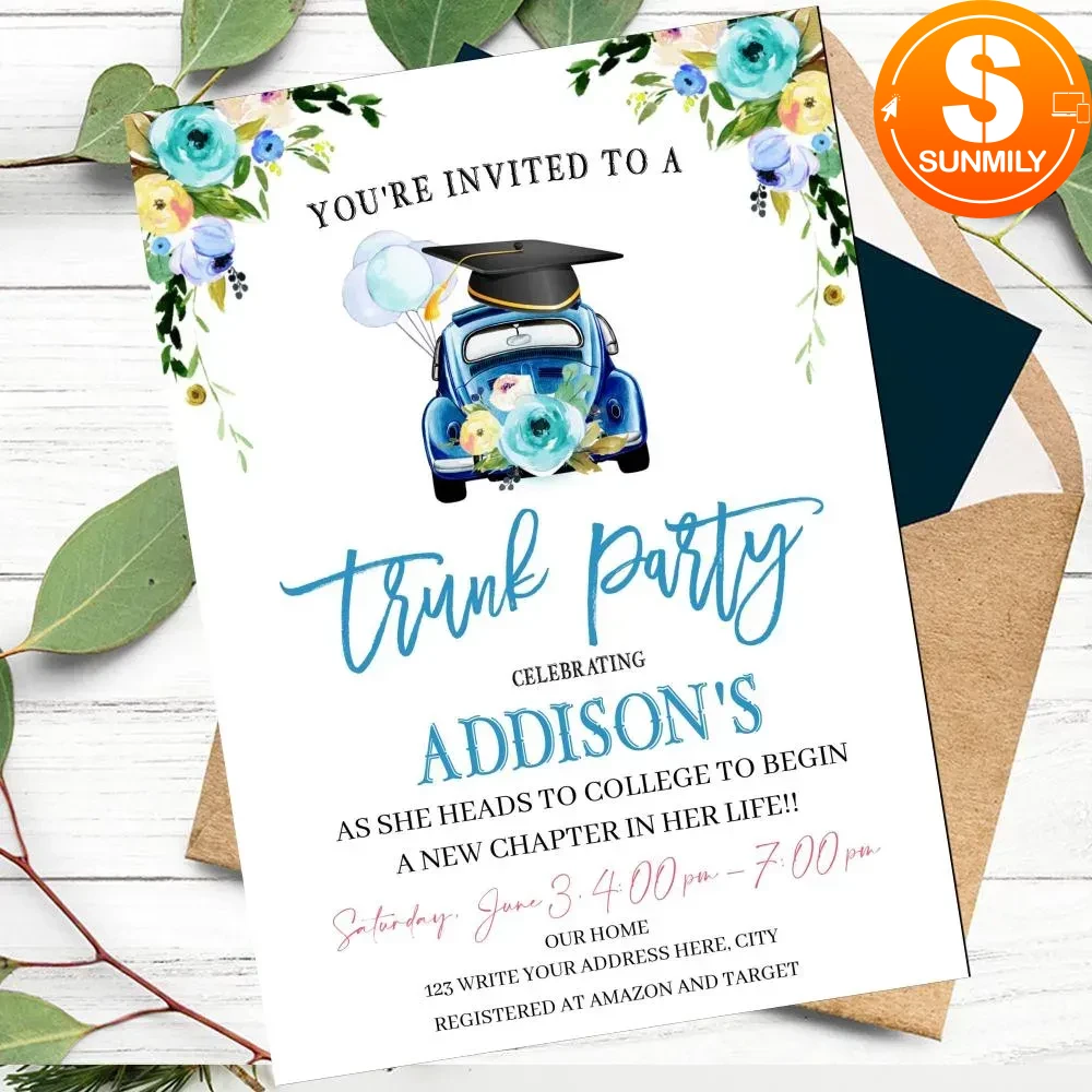 Floral College Trunk Party Invitation Wording to Print at Home | Sunmily