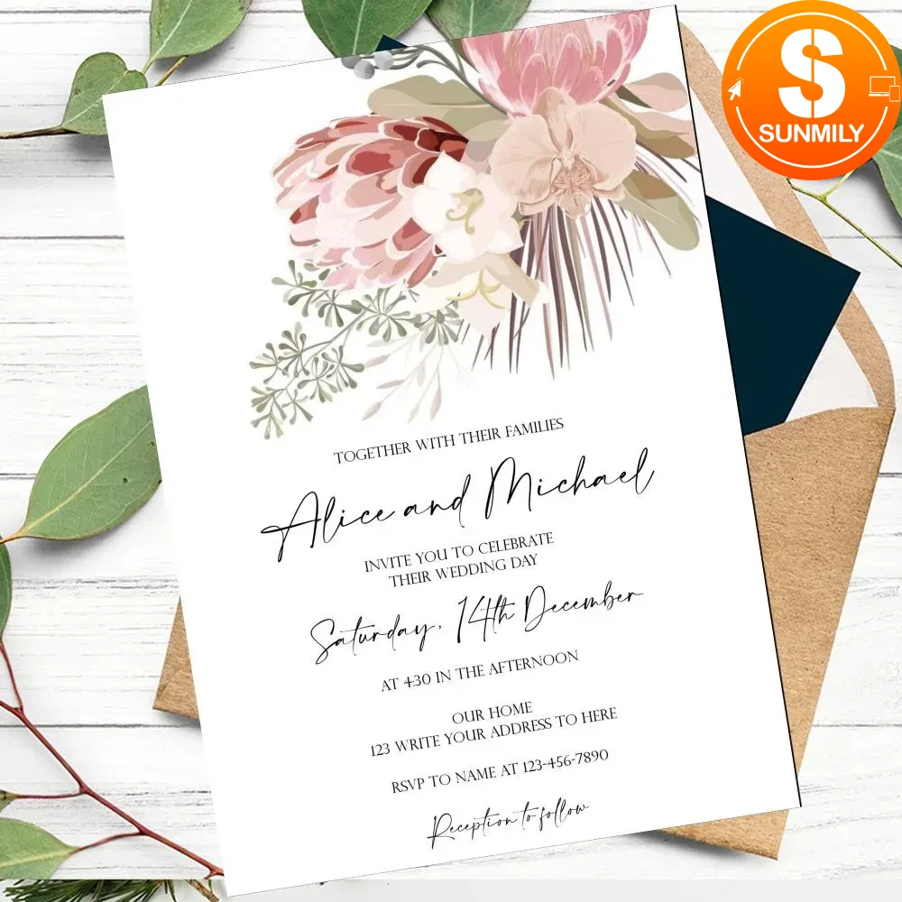 Protea Wedding Invitation Customizable Template Instant Download | Sunmily